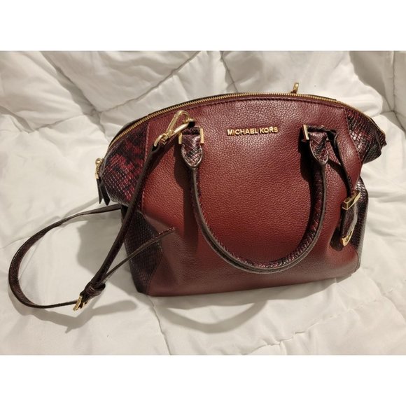 Michael Kors | Bags | Michael Kors Riley Python Burgundy Satchel Purse ...